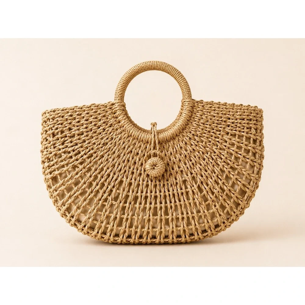 Bags | Womens Natural Straw Woven Handbag Semi Circle Tote Beach Bag ...